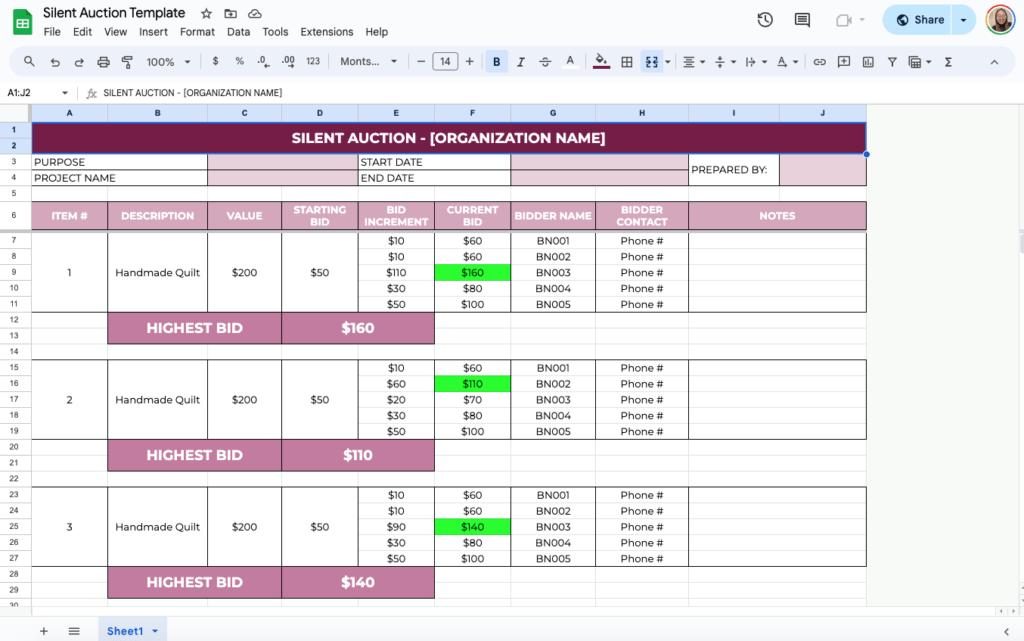 Silent Auction Tracking Template Auction Tracking Sheet | Charity