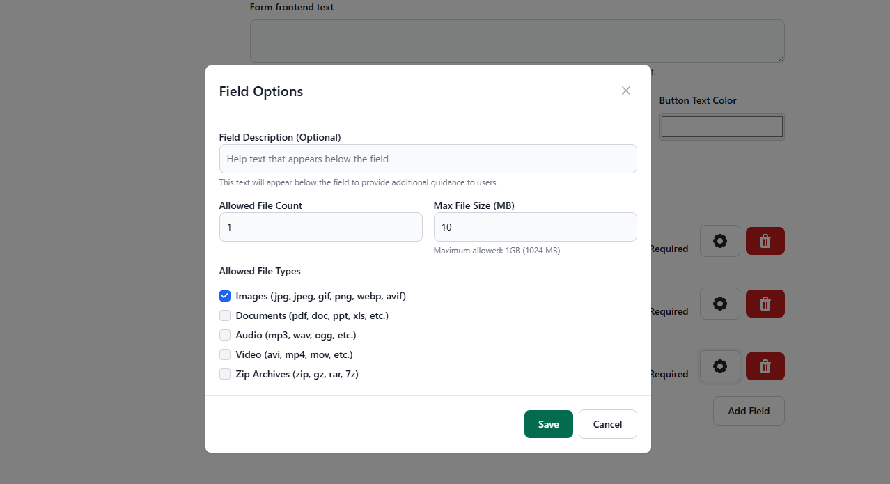 How to change the settings of the uploads field - FileDrop